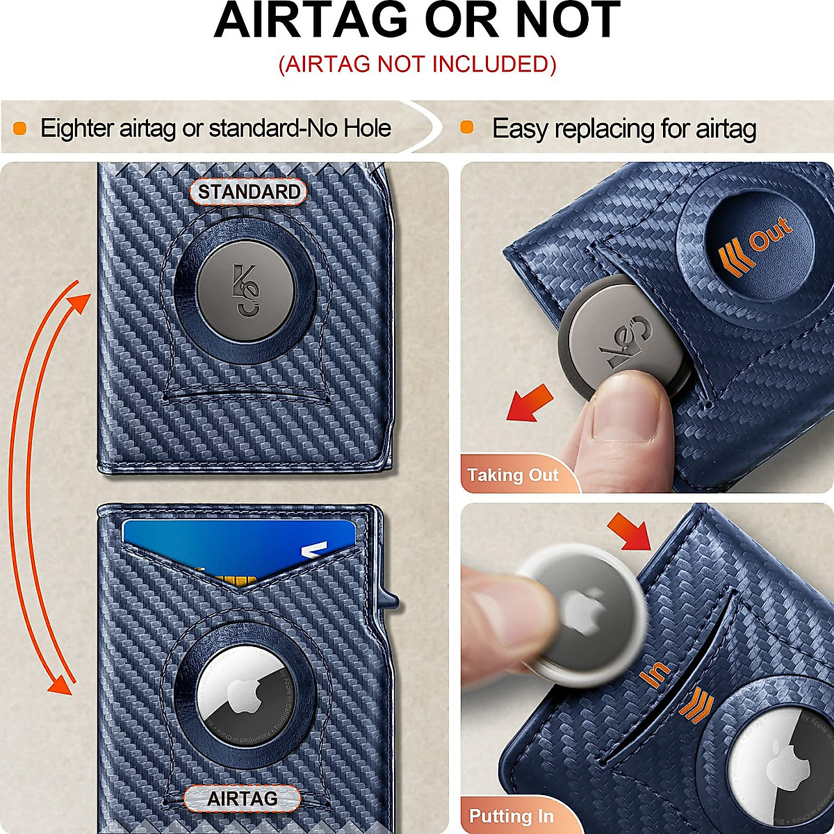 KEMISANT Airtag Wallet Men,Mens Slim Front Pocket Wallet Money Clip Standard or Apple Airtag Use 3.8"×2.8"×0.9"