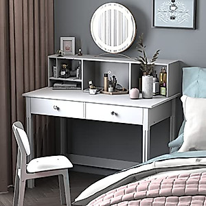 WiberWi Computer Desk with Drawers and Hutch, 43.3 inch White Home Office Desks Small Makeup Vanity Desk Table with Storage for Small Spaces Bedroom, Writing Desk Study Table