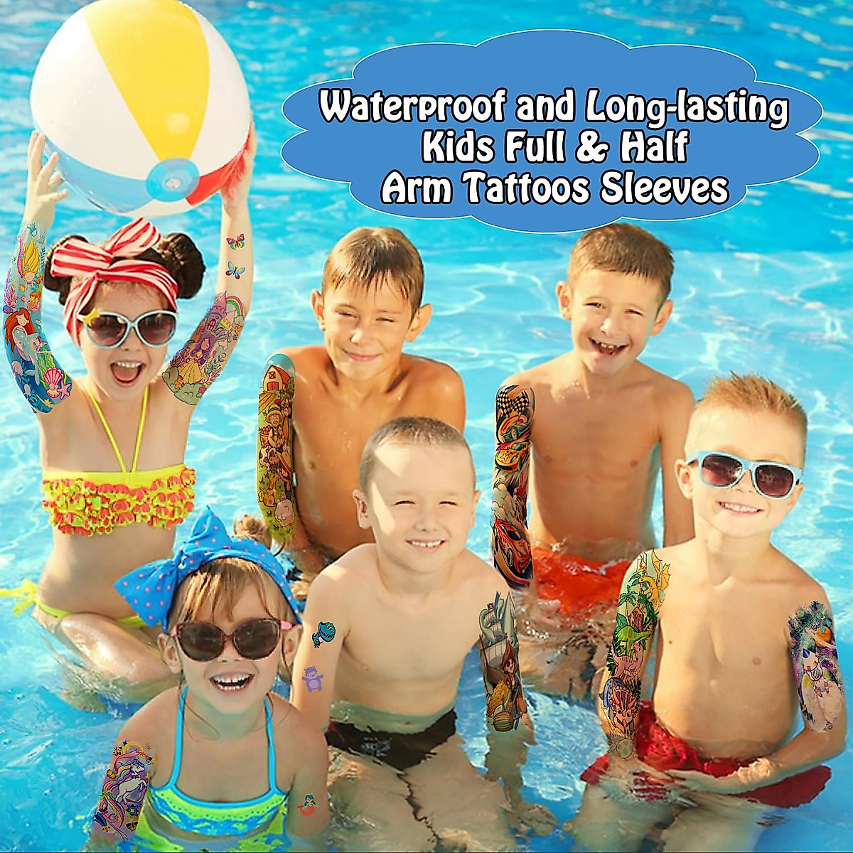 Partywind 66 Sheets Kids Full & Half Arm Temporary Tattoos Sleeves, Fake Tattoo Stickers with Dinosaur/Pirate/Cars for Boys, Butterfly/Mermaid Tattoos for Girls, Kids Gifts Party Supplies