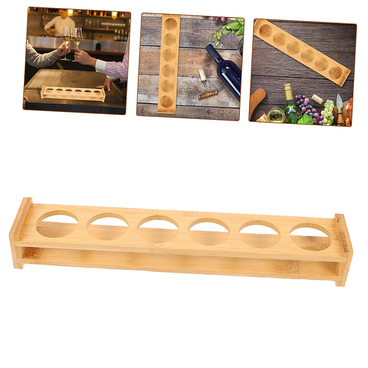 Cabilock Wine Cup Server Dish Wood Beer Flight Tray Bamboo Wine Glass Holder Modern Wooden Wine Rack Wine Cup Display Rack 6 Holes Wine Cup Server Dish Wood Paddle Serving Tray