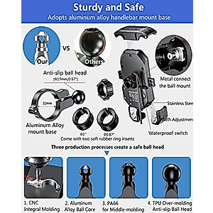 KEWIG Waterproof Motorcycle Phone Mount Qi 15W Wireless & USB C 20W Fast Chargeing Port, One-Push Automatically Lock & Quick Release Handlebar Cell Phone Holder for 4-7'' Phones