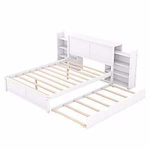 Queen Size Storage Bed with Trundle, Wood Platform Bed Frame with Storage Shelves Headboard and Twin Size Trundle Bed, Wooden Queen Beds for Kids Boys Girls Teens, White