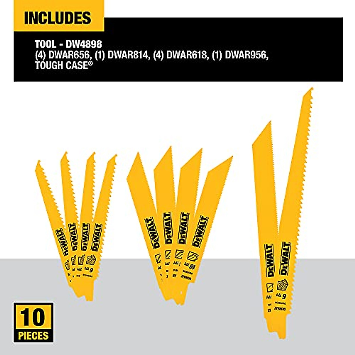 DEWALT Reciprocating Saw Blades, Bi-Metal Set with Case, 10-Piece (DW4898) , Yellow