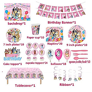 Bluey Birthday Balloons Sets, Dog Cartoon Pink Themed Balloons Decoration Sets Children's Birthday Party Supplies Cutlery Sets