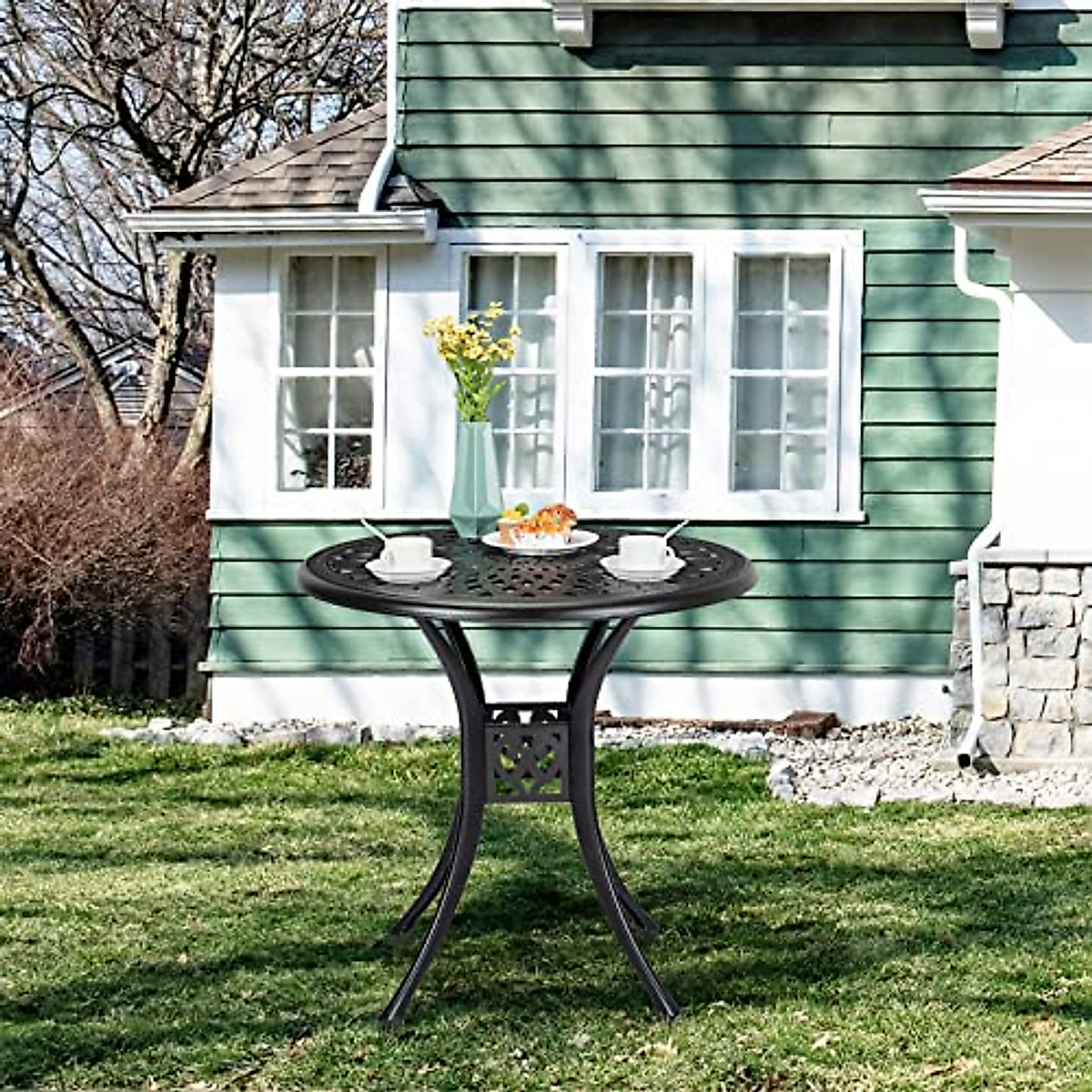 IDEALHOUSE Patio Bistro Table, Cast Aluminum Round Outdoor Table, Bistro Table with Umbrella Hole, for Poolside, Deck, Porch, Backyard, Garden, Balcony, Dia 30.25" x H 29.5", Black
