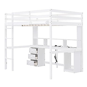 SIYSNKSI Full Size Loft Bed with Desk, Wood Loft Bed Frame with LED Light and Bedside Tray, Multi-Storage Loft Bed with Charging Station for Kids Teens Adult Bedroom