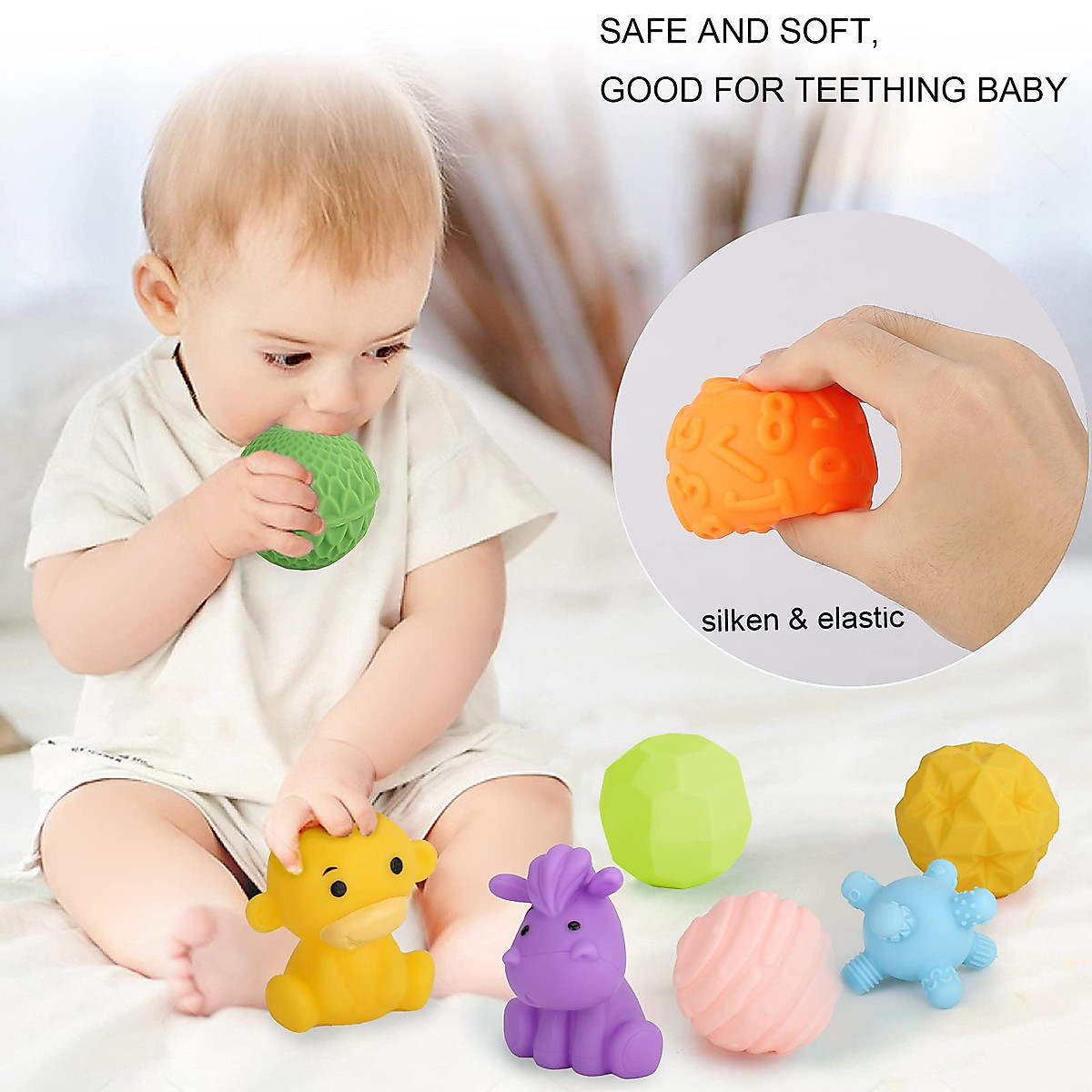Coolle Baby Blocks Sensory Balls Toy 6 to 12 Months Montessori Learning Toys Soft Building Block Bath Toys for Babies Toddlers Infant 9 18 Month 1 2 3 4 Year Old Boy Girl Squeaks
