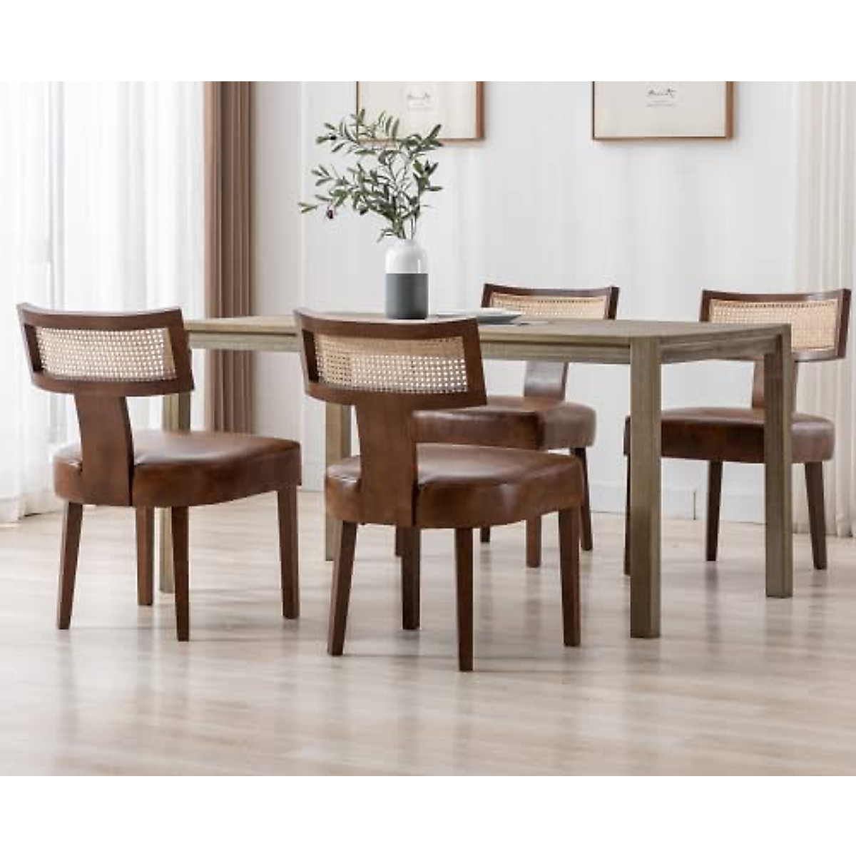 EALSON Mid Century Modern Dining Chairs Set of 2 Leather Upholstered Kitchen Chairs with Wood Legs and Curved Rattan Back Farmhouse Dining Room Chairs Rattan Accent Side Chairs, Brown