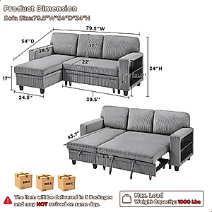 RedLemon 80”Sleeper Sofa Bed,L-Shaped Convertible Sectional Striped Couch Bed with Storage Chaise,2 Built-in Bookshelves and USB Charging Port - Light Grey