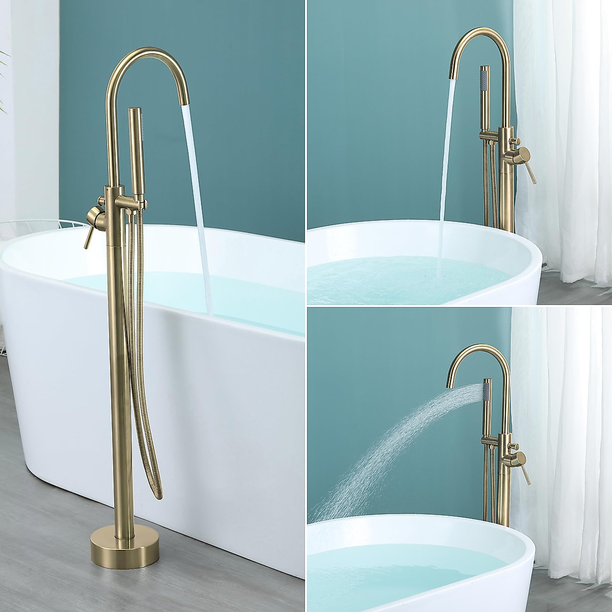 Freestanding Bathtub Faucet Brushed Gold Floor Mount Tub Filler with Single Handle, Free Standing Tub Faucet with Swivel Tub Spout, Modern Tub Shower Faucet with Hand Shower 59〞 Shower Hose JIAENLEMA