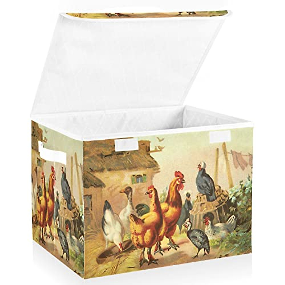 Kigai Rooster Lidded Home Storage Bins, Foldable Storage Basket with Double Handle, Flip-Top Storage Box for Toys Clothes Documents