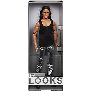 Barbie Signature Barbie Looks Ken Doll (Long Brunette Hair) Fully Posable Fashion Doll Wearing Black Tank Top & Metallic Pants, Gift for Collectors