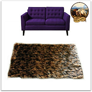 Fur Accents Shag Area Rug - Brown Wolverine Wolf - Luxury Fur Carpet - Soft Faux Fur Sheepskin - Rectangle Accent Rug (4'x6')