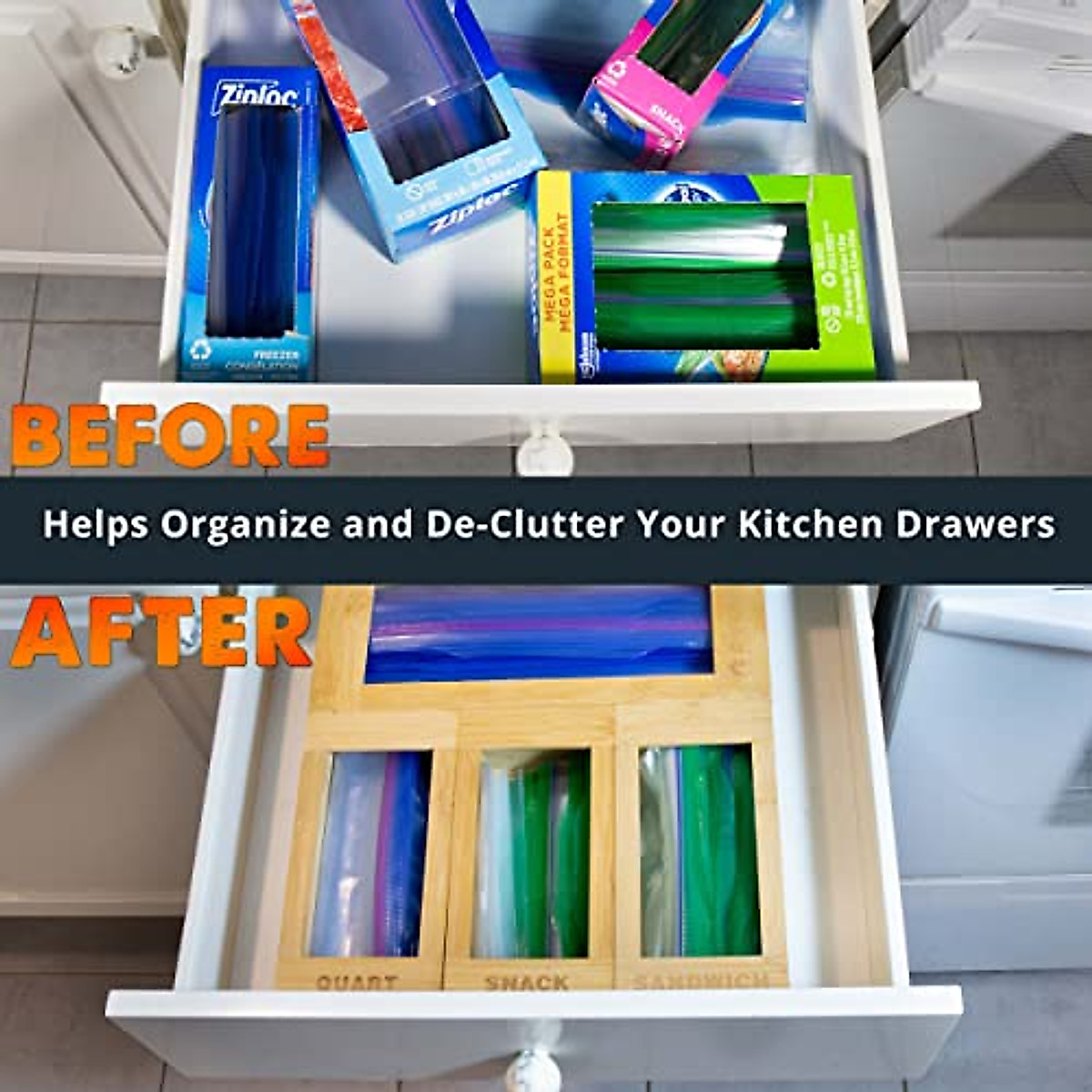 Plastic Bag Organizer and Sandwich Bag Organizer for Drawer Set of 4 – Bamboo Ziplock Bag Organizer - Zip Lock Bag Container and Baggie Organizer for Drawer - Ziplock Bag Storage Organizer by Peraco