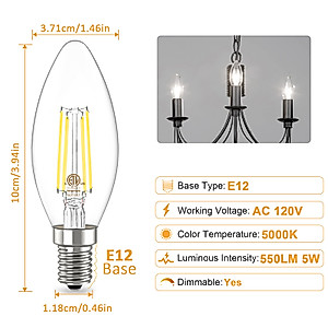 Volxon E12 Candelabra Bulb 60 Watt Equivalent, B11 C35 Dimmable Led Chandelier Light Bulbs, Bright E12 Led Bulb Daylight White 5000k 550 LM, Clear Glass, for Chandeliers, Ceiling Fan, 5 Pack