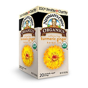 Newman’s Own Organic Turmeric Ginger Herbal Tea Caffeine-Free May Aid Digestion and Boost Immunity Turmeric Tea with 20 Individually Wrapped Tea Bags Per Box USDA Certified
