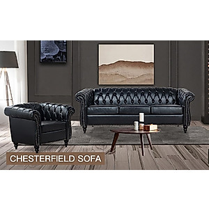 Chesterfield Sofa 2 Piece Set, Modern Black Faux Leather 3 Seater Couches and Sofa Chairs, Upholstered Tufted Button,Scroll Arms and Nailhead Trim, Sectional Sofa Set for Living Room Office Bedroom