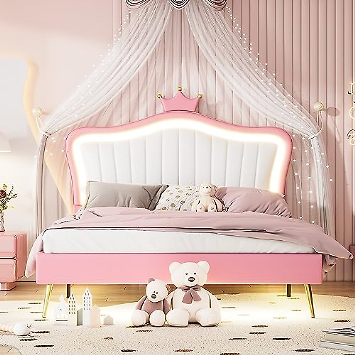 Linique Queen Size Upholstered Bed Frame with LED Lights, Modern Upholstered Princess Bed with Crown Headboard, White+Pink