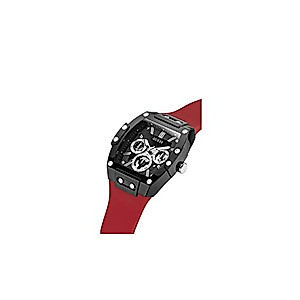 GUESS Mens Casual Multifunction 43mm Watch – Black Polycarbonate Case with Black Skeleton Dial & Red Silicone Strap