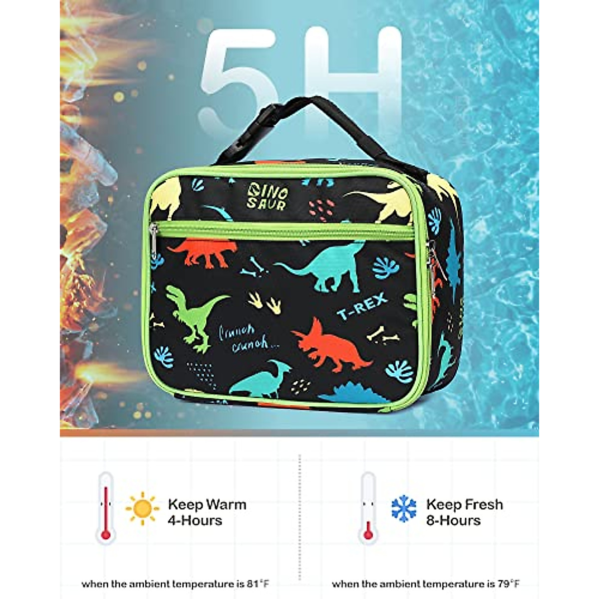 Bagseri Lunch Box, Kids Insulated Lunch Box for Boys, Portable Reusable Toddler Lunch Cooler Bag Thermal Organizer, Water-resistant Lining (Black, Dinosaur)