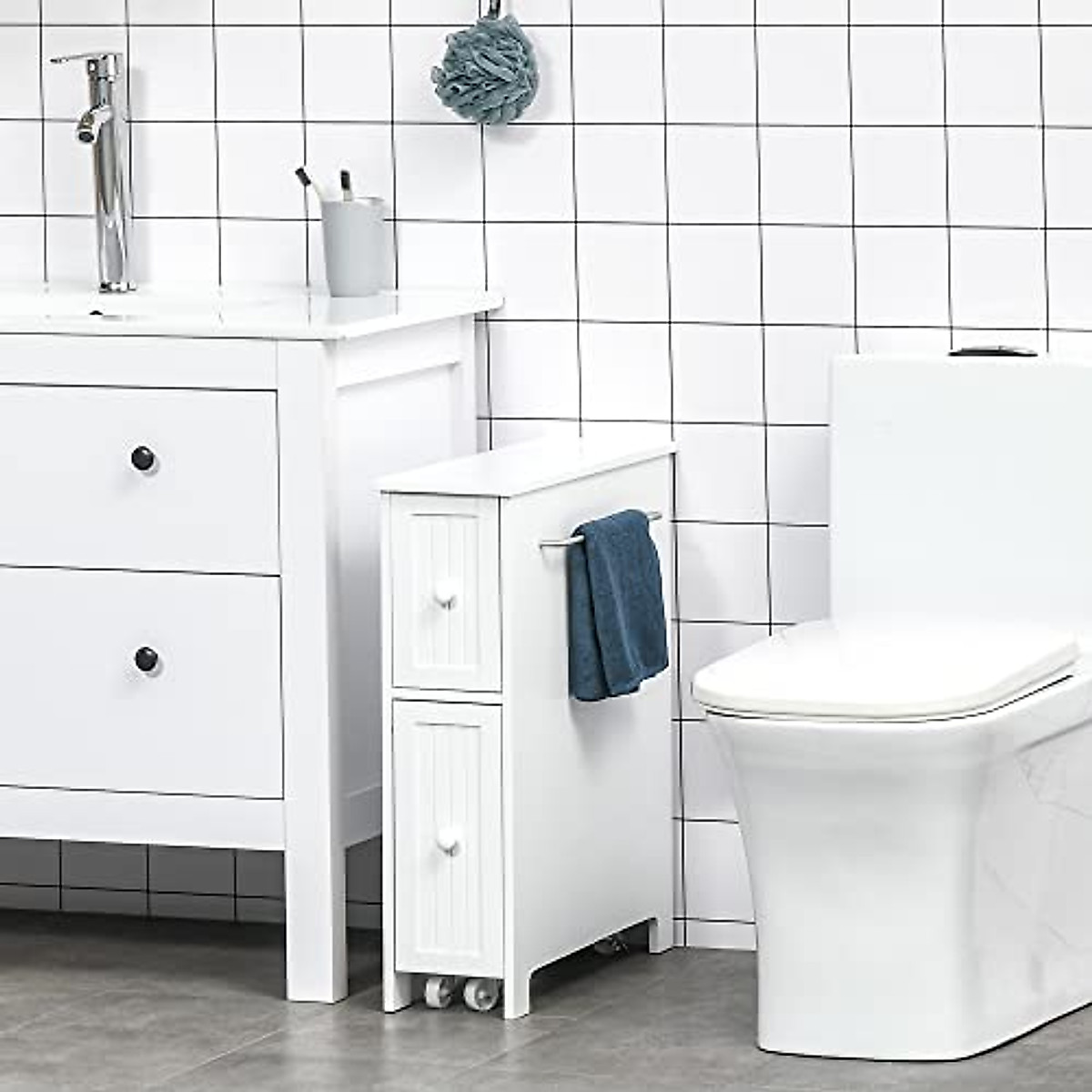 kleankin Narrow Bathroom Cabinet on Wheels, Freestanding Toilet Paper Holder with 2 Drawers, Towel Rack, White