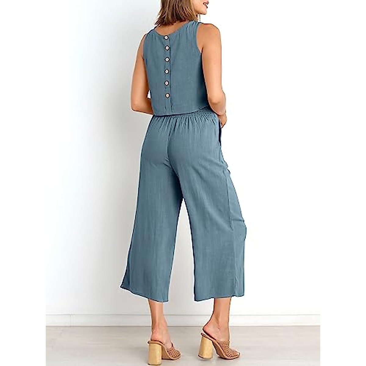 ANRABESS Women's 2 Piece Outfits Summer Sleeveless Tank Crop Button Back Top Cropped Wide Leg Pants Set Matching Loungewear Set Spring Clothes Beach Vacation 546Hulv-M