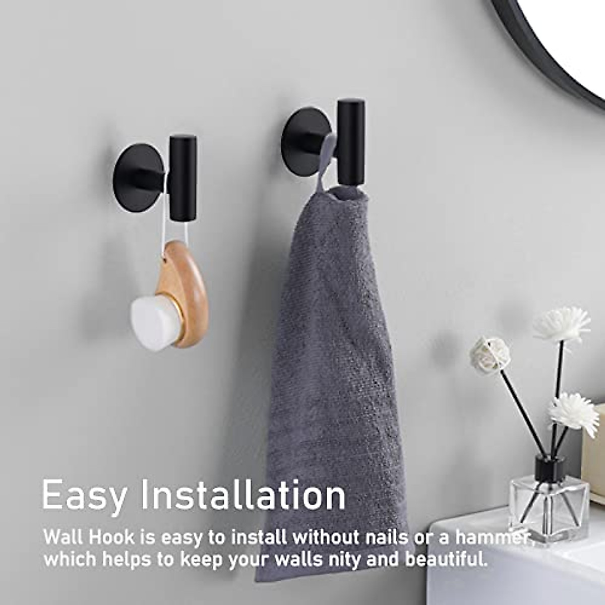 Towel Hook for Bathrooms Adhesive 2 Packs, Coat Hooks for Hanging Clothes, Heavy Duty Robe Towel Hangers for Shower Door Wall Mounted, Key Holder Wall Command Hook for Kitchen (Matte Black)