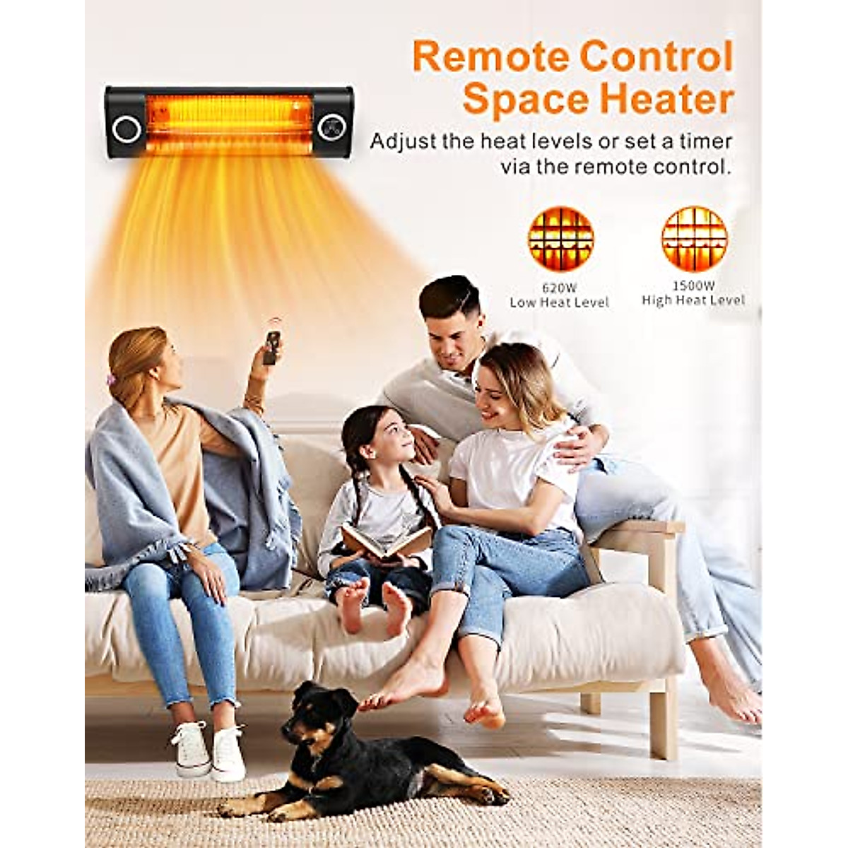 Infrared Patio Heater, Fast Garage Heating Electric Patio Heater with 2 Heating Modes for Indoor & Outdoor, 1500W Wall-Mounted Heater with Remote Control for Home, Balcony, Garage, Basement, Backyard