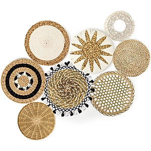 Set of 8 Wall Basket Decor Boho Wall Hanging Decor Rattan Wall Decor Flat Round Wicker Woven Macrame Tassels Tapestry Bamboo Wall Basket Serving Tray Art Handmade Set for Room Bedroom Living Room