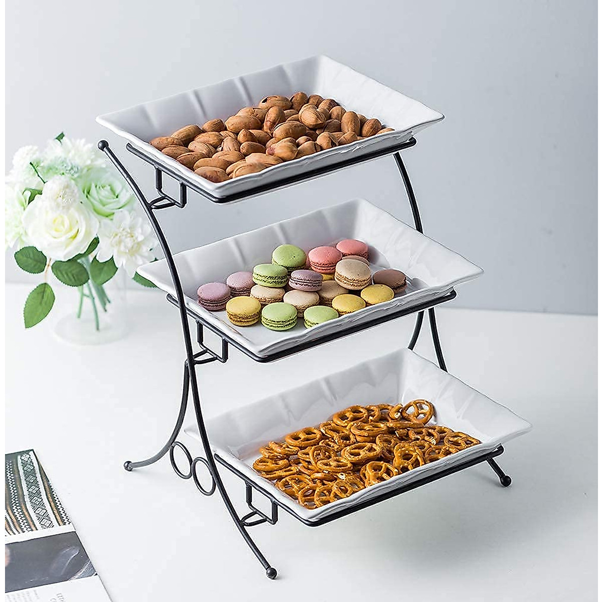 3 Tier Serving Stand Tiered Oval Bowl Stand with 3 Oval Porcelain Serving Bowl Set with Collapsible Thicker Sturdier Metal Rack (Black)