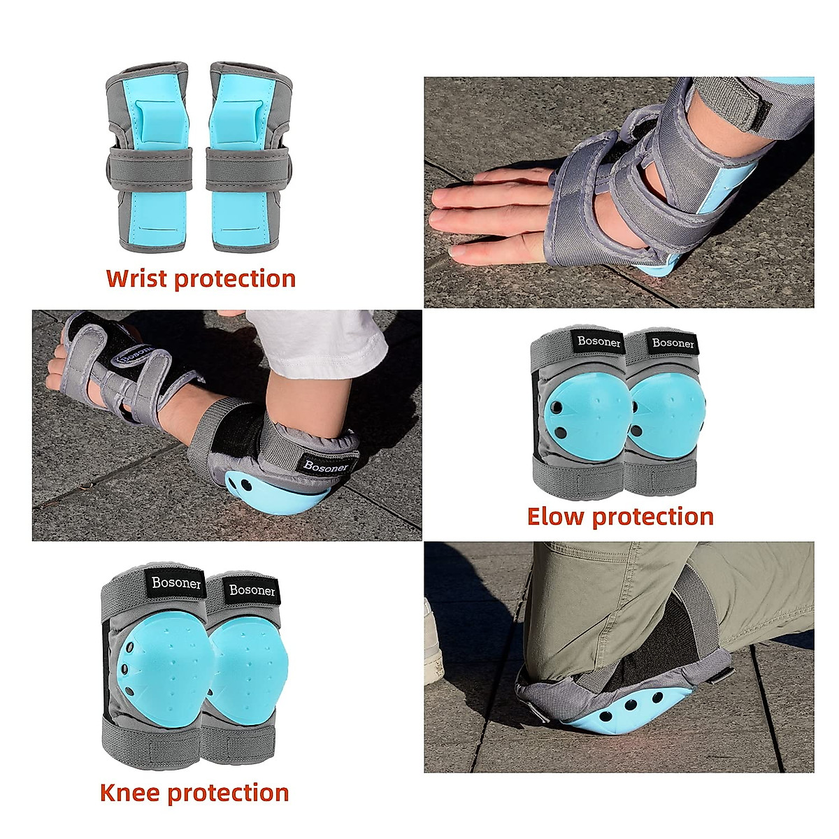 BOSONER Roller and Skating Pads for Kids-Youth-Adults: Knee Pads and Elbow Pads and Wrist Guards Set - Medium Size for Age 9-15