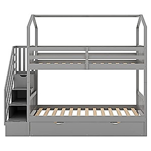 DEYOBED Twin Over Twin Wooden Bunk Bed with Storage Staircase for Kids and Teens