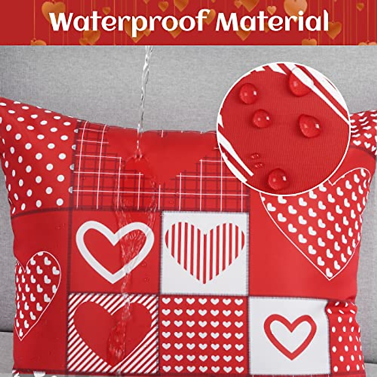 Valentine's Day Pillow Covers 18 x 18 Inch, Set of 2 Red Waterproof Throw Pillow Covers Outdoor, Love Heart Plaid Decorative Cushion Pillow Cases for Anniversary Couch Patio Furniture Bench Bed Sofa