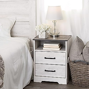 Prepac Rustic Ridge Farmhouse Bedroom Nightstand with 2 Drawers and an Open Cubby, Wooden Bedside Table for Bedroom, Office, or Living Room, 16.25in x 18.75in x 24.5in, Washed White