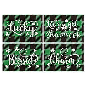 Artoid Mode Buffalo Plaid St. Patrick's Day Quotes Placemat for Dining Table, 12 x 18 Inch Lucky Clover Shamrock Blessed Holiday Rustic Washable Table Mat Set of 4