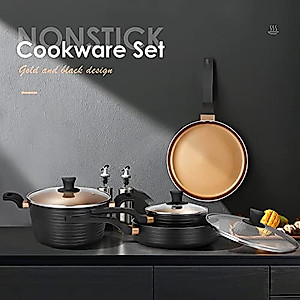 Pots and Pans Sets, Nonstick Cookware Set, Induction Pan Set, Chemical-Free Kitchen Sets, Saucepan, Frying Pan, Saute Pan, Black, 9 Pieces