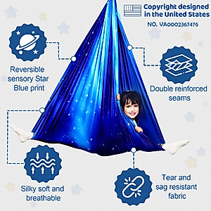 HiCamer Double Layer Sensory Swing for Kids & Adults Holds up to 300lbs Indoor and Outdoor Therapy Cuddle Swing with 360° Swivel Hanger Kit Adjustable Swing with Aspergers Autism ADHD (Star Blue)