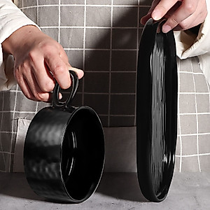 Wareland Soup Bowl with Handle & Salad Plate, Soup and Sandwich Plate Combo, 18oz Soup Mug/Cup for Cereal, Ceramic Pasta Plate for Appetizer, Dessert, Rice, Dishwasher & Microwave Safe, Bright Black