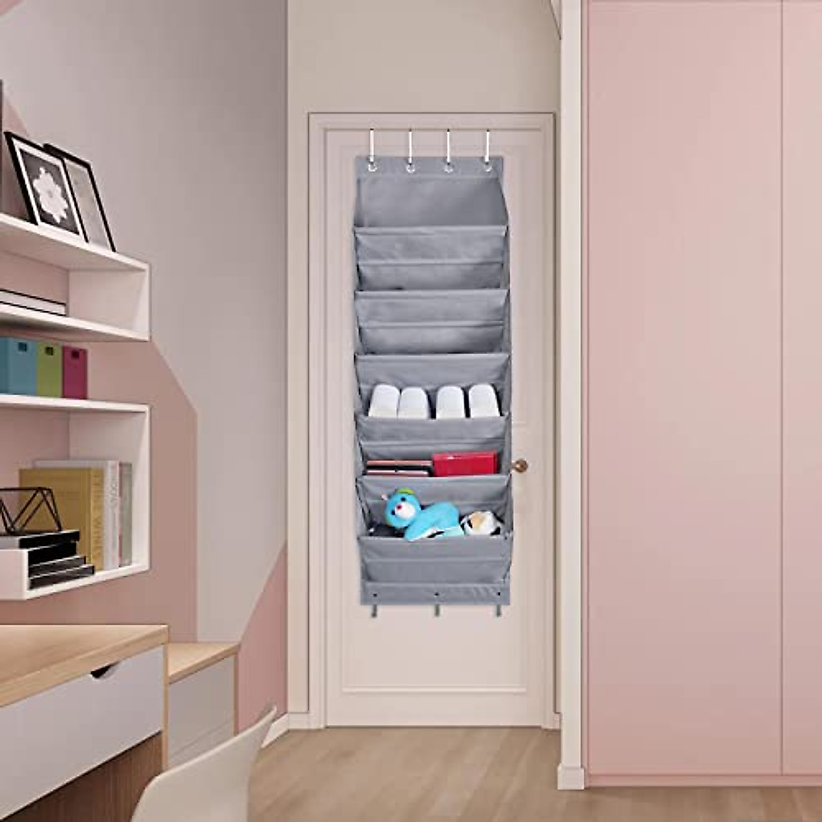 Over The Door Shoe Organizer with Deep Pockets, 6 Layers Hanging Shoe Rack for Closet, 12 Pairs of Wall Shoe Rack with 3 Hooks, Door Hanging Organizer for Shoes Sneakers and Home Accessories Grey