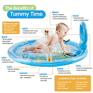 flashbluer 4-in-1 Tummy Time Water Mat with Baby Mirror & Baby Teethers and Rattles, Large Baby Water Play Mat Infant Newborn Baby Toys, Suitable for 3 6 9 12 Month Baby Girl or Boy Development