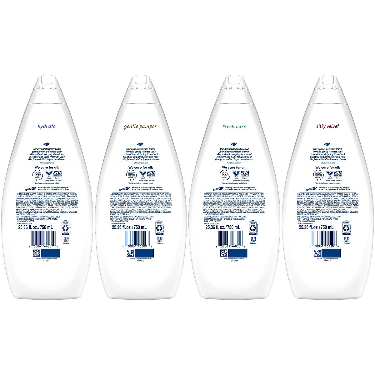 Dove Body Wash Value-Size Variety 6-Pack – Hydrate, Gentle Pamper, Fresh Care, and Silky Velvet, Family Size, 25.36 Oz Ea