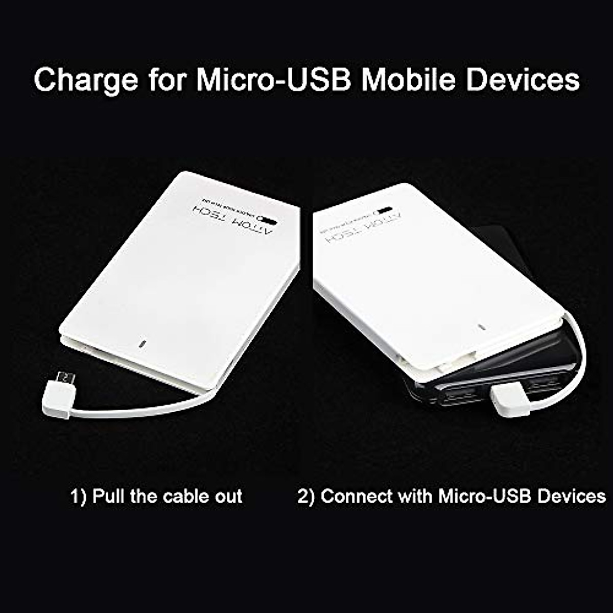 Attom Tech 2500mAh Power Bank Mini,Back-up Phone Battery Pack Ultra Slim,Pocket Size Thin External Phone Battery Pack Emergency Phone Power Built-in Charging Cable for Android Micro USB and Apple(WHT)