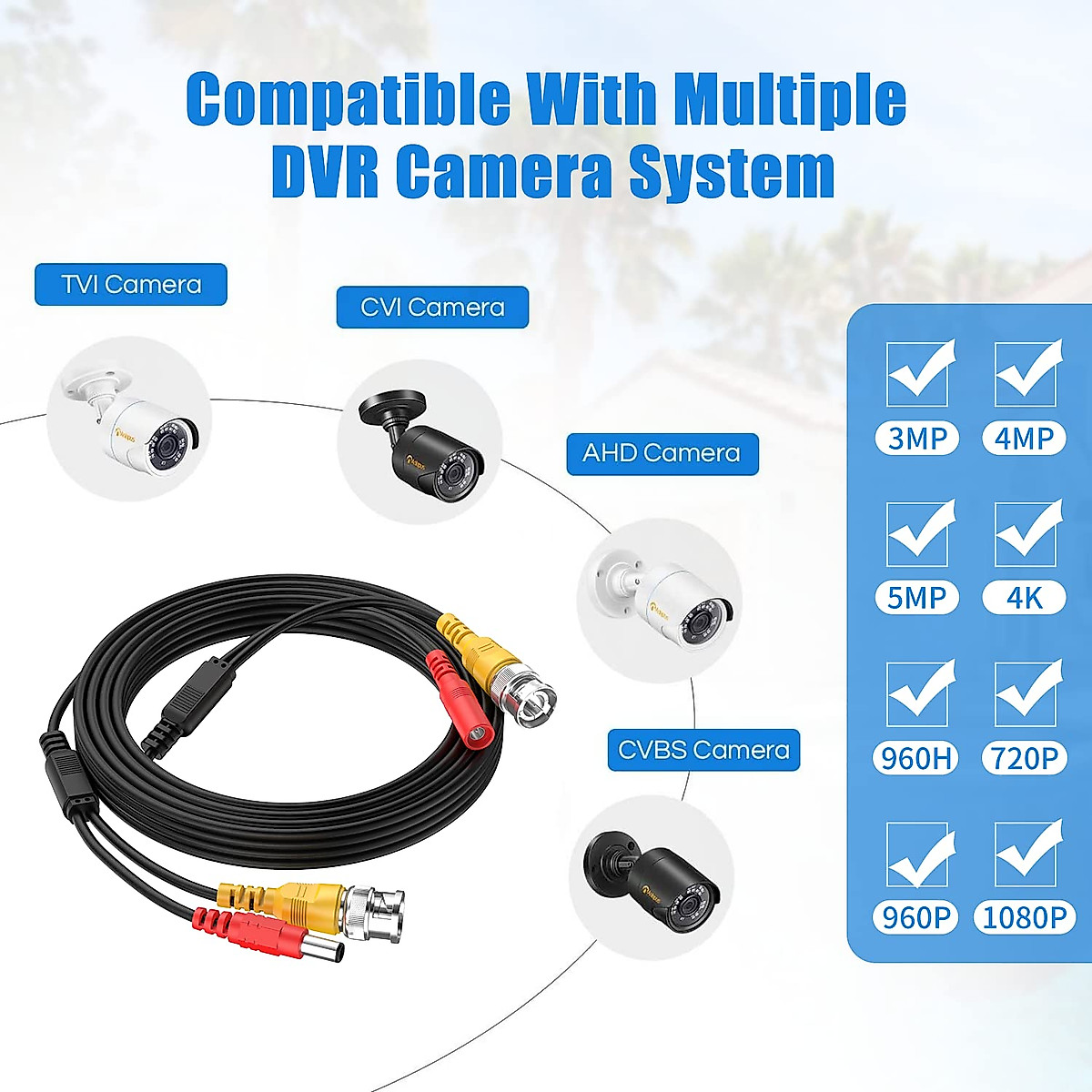 EKYLIN 16FT 5M Pre-Made 2-in-1 BNC Video + Power DC Extension Cable for CCTV Security Camera Home Surveillance Closed-Circuit TV System