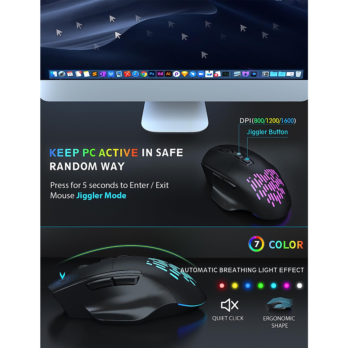 Wireless Keyboard and Mouse Backlits, Wrist Rest, Jiggler Mouse, Rechargeable Ergonomic Keyboard with Phone Holder, Silent Light Up Combo for Computer, Mac, PC, Laptop, Chromebook -by SABLUTE