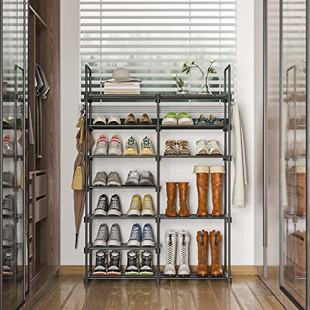 GIMTRR 7 Tiers Metal Shoe Rack, Large Capacity 24-30 Pairs Vertical Shoe Tower, Tall Shoe Storage Organizers, Narrow Shoe Shelf for Entryway, Closet, Garage