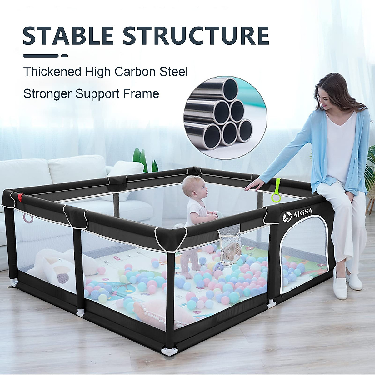 Ajgsa Baby Playpen for Toddler, Sturdy Non-Toxic Safety Play Kids Activity Center with Soft Breathable Mesh for Indoor & Outdoor Playpen for Babies (50x50x27inch) (Black), (BABY-15022)