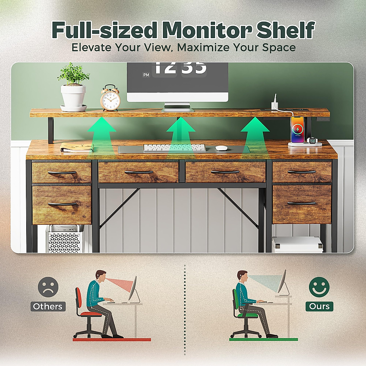 Huuger Computer Desk with Power Outlets and LED Lights, 47 Inch Gaming Desk with 6 Drawers, Office Desk with Monitor Stand, Writing Desk Work Desk, Mesh Shelves, Rustic Brown