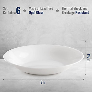 Bormioli Rocco Set Of 6 White Moon 9 Inch Pasta Bowls Tempered Opal Glass Dishes, Dishwasher & Microwave Safe, Made In Spain.