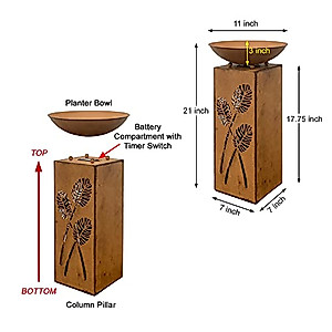 Westcharm Rustic LED Pillar Garden Statue with Planter Dish Bowl and Automatic Timer - Decorative Column Outdoor Statue with Leaves Motif for Home Yard Patio Outdoors Garden Decoration