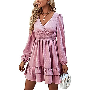 Rooscier Women's Wrap V Neck Swing Ruffle Swiss Dots Long Sleeve Mini Dress Solid Pink Medium